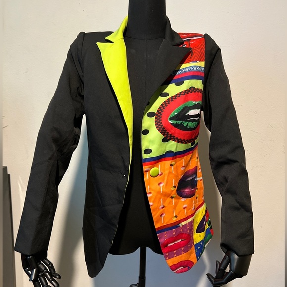 Jackets & Coats | Multicolor Lip Print Blazer Stylish Funky Suit Jacket ...